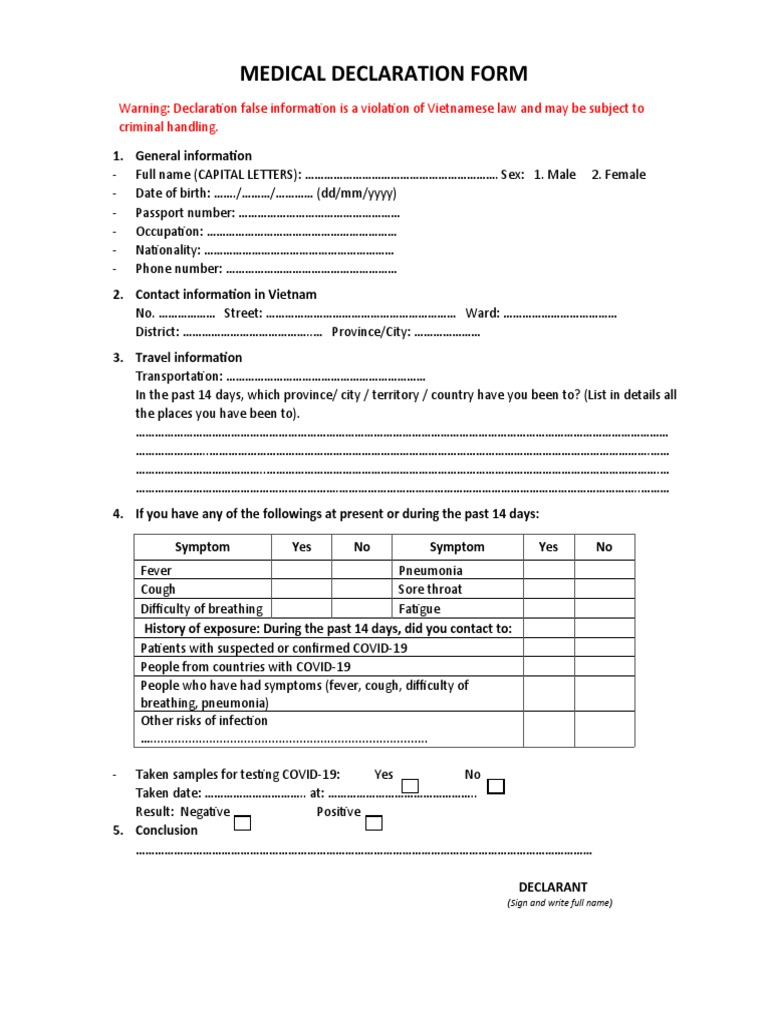 Medical Declaration Form | PDF | Respiratory Diseases | Diseases And ...