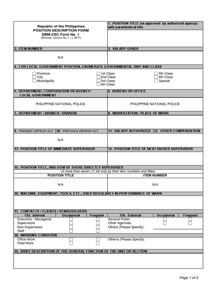 Position Description Forms (DBM-CSC Form No. 1) | Download Free PDF ...