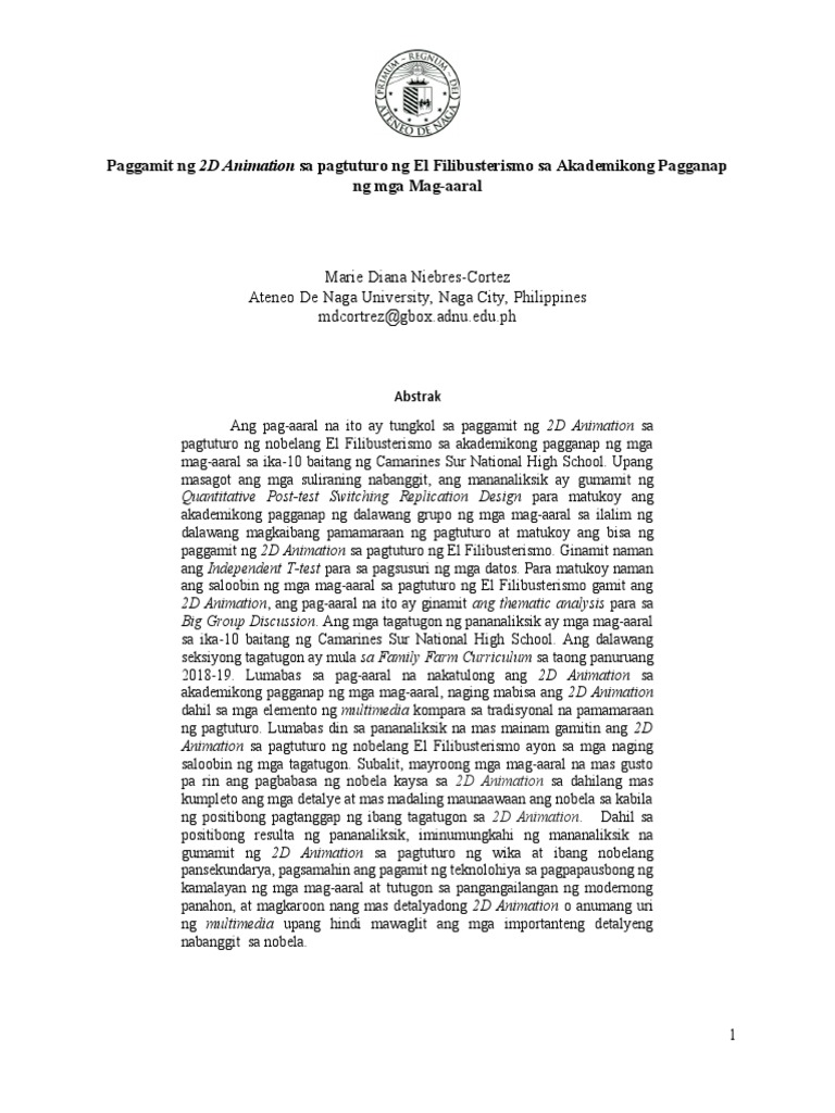 Paggamit NG 2D Animation Sa Pagtuturo NG El Filibusterismo Sa ...