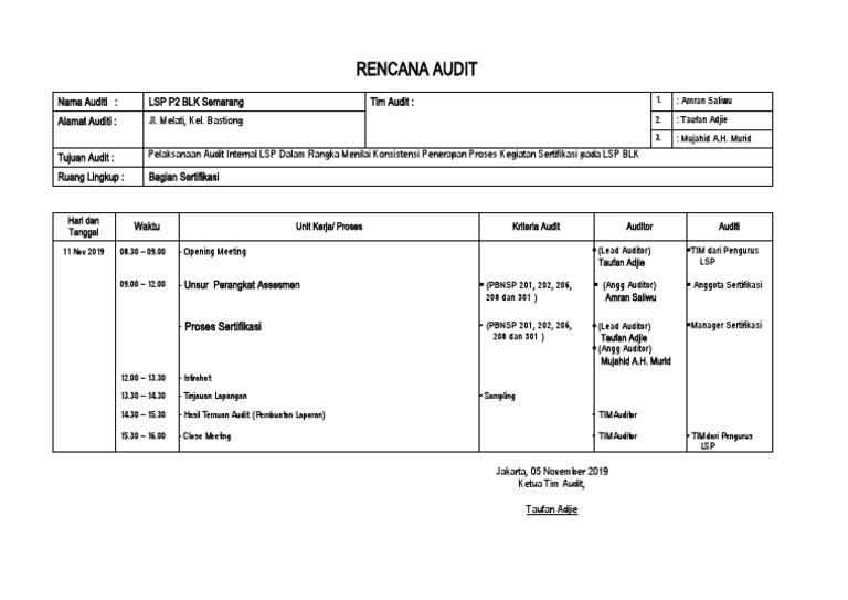 Rencana Audit Internal LSP P2 BLK Semarang | PDF