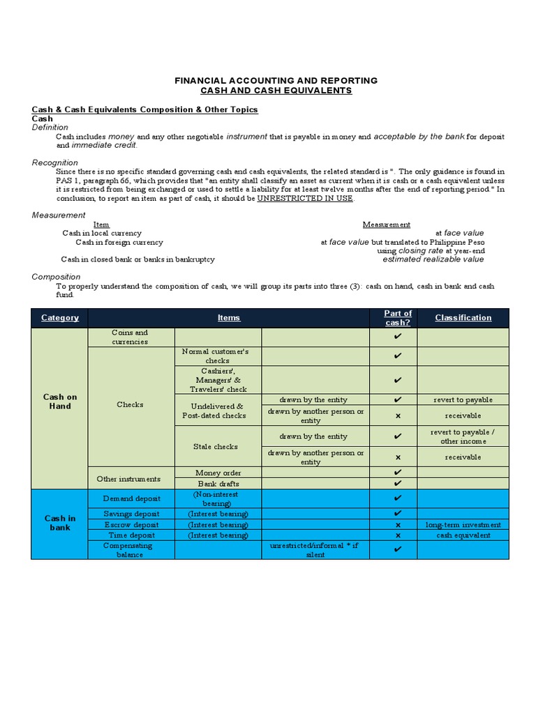 Financial Accounting and Reporting - Cash and Cash Equivalents, Bank ...