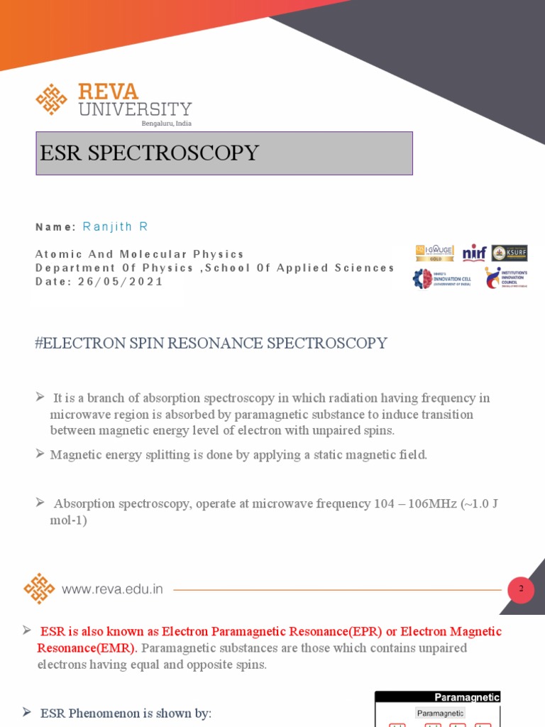 Esr Spectroscopy: Ranjith R | PDF | Electron Paramagnetic Resonance ...