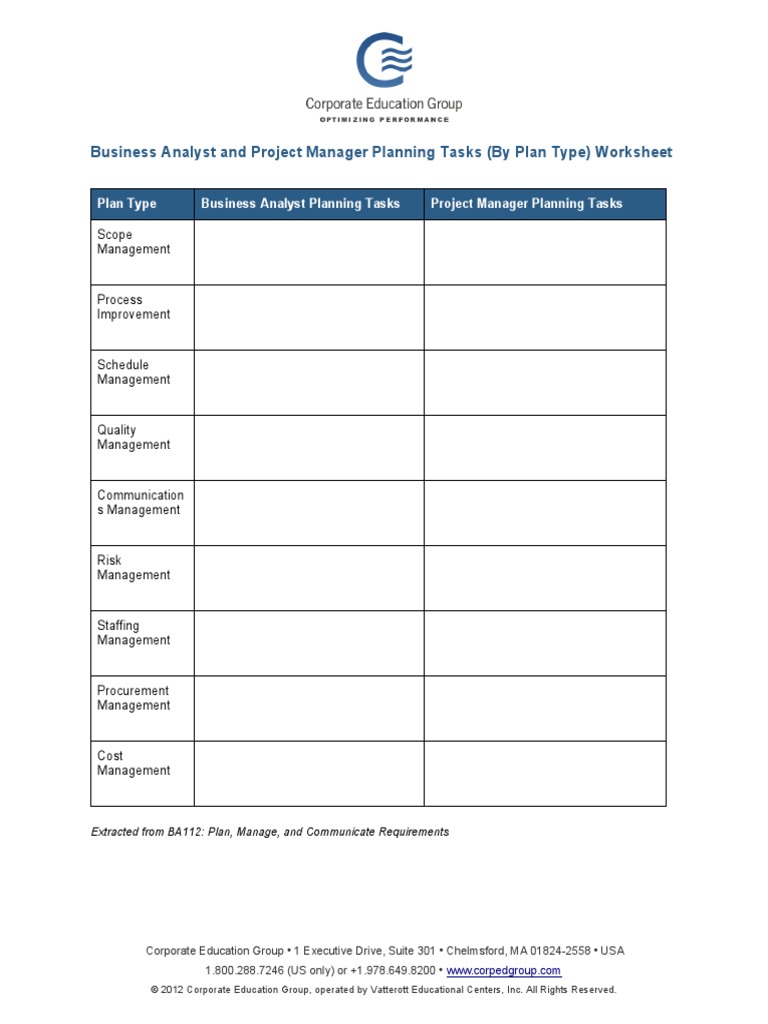 BA and PM Planning Tasks Worksheet | PDF
