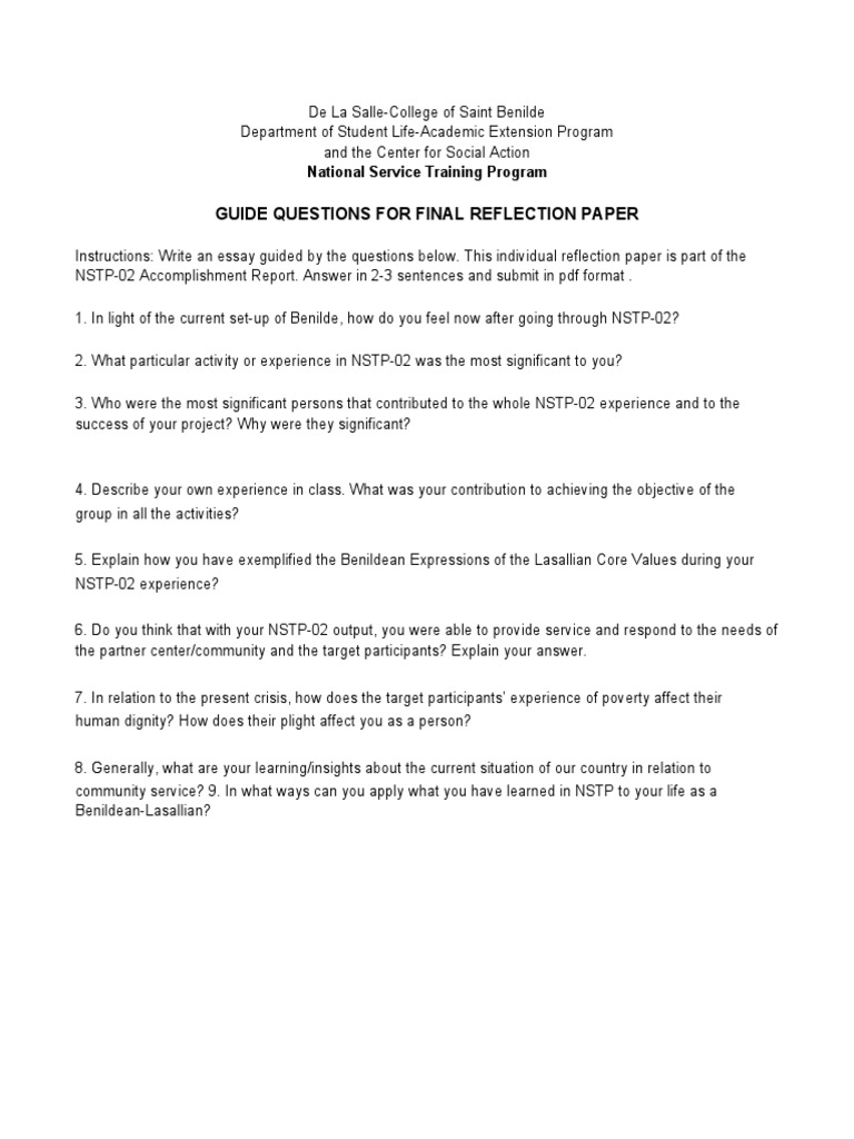 Final Reflection Paper GUI0005 - NSTP-02 Guide Questions | PDF