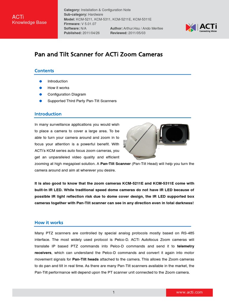 Pan and Tilt Scanner For ACTi Zoom Cameras 20110503 002 | PDF | Image ...