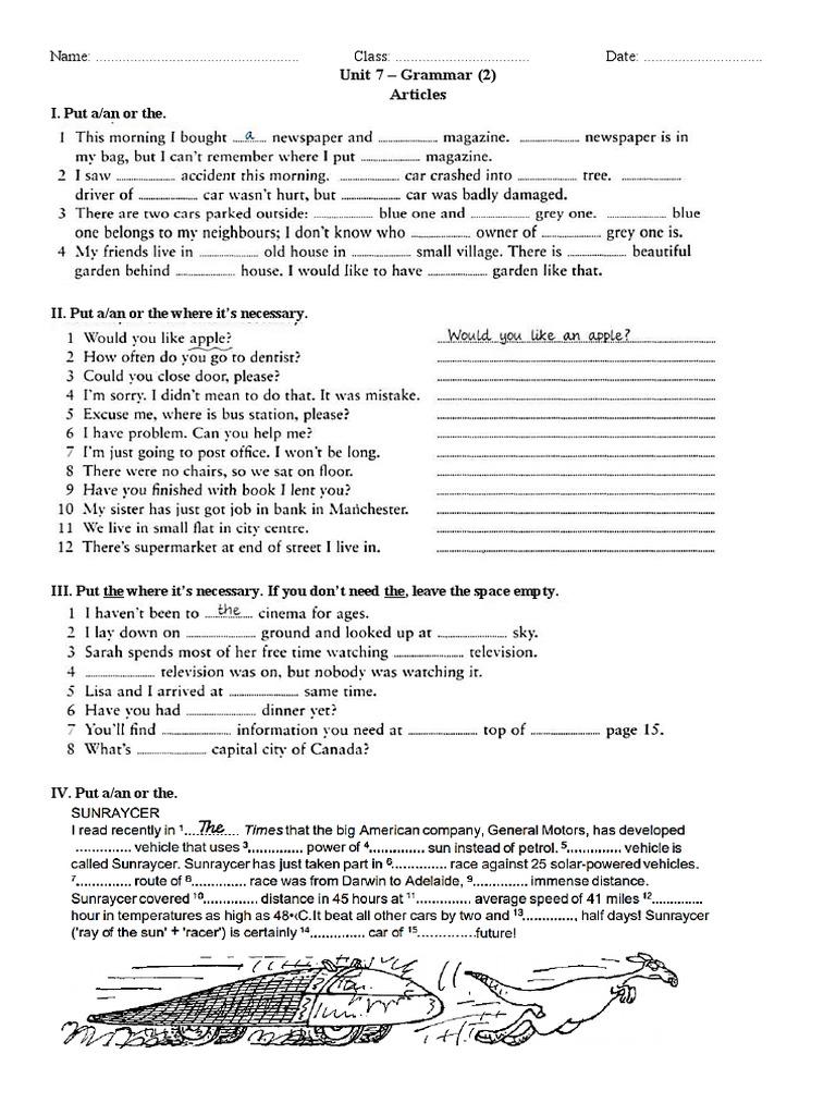 G10 - Unit 7 Grammar 2 (Articles) KEY | PDF