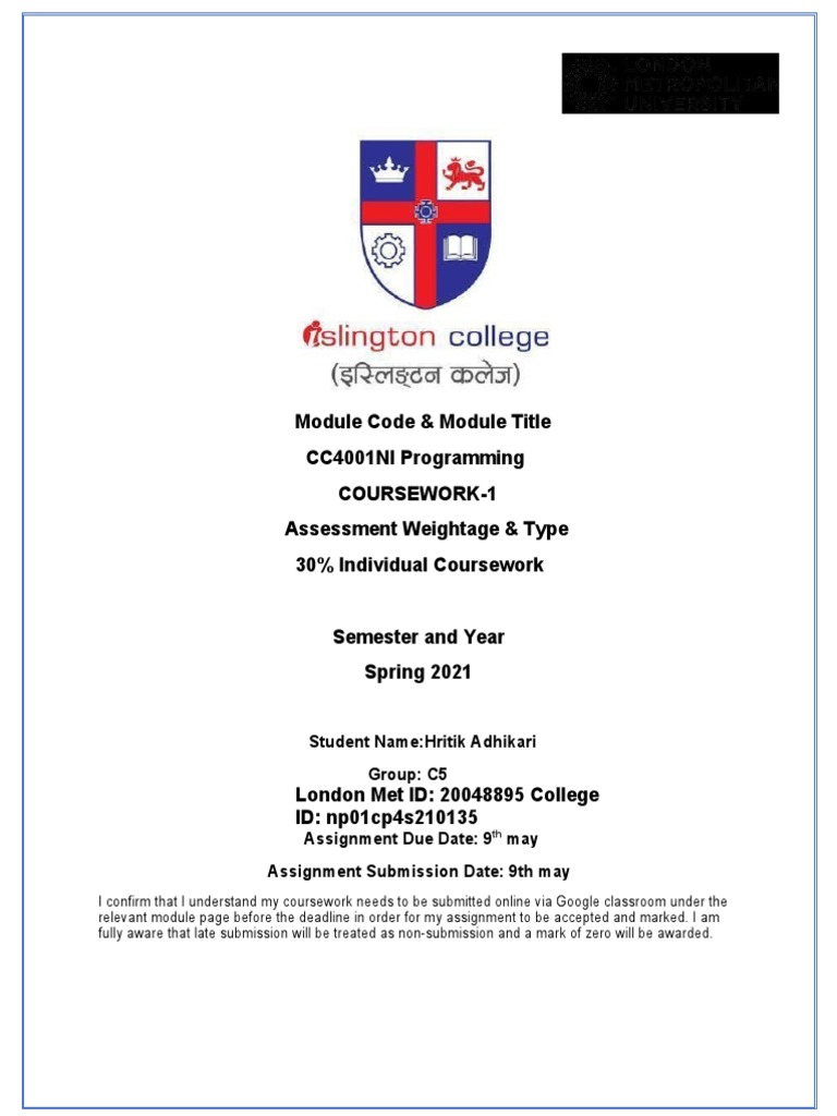 Module Code & Module Title CC4001NI Programming Coursework-1 Assessment Weightage & Type 30% ...