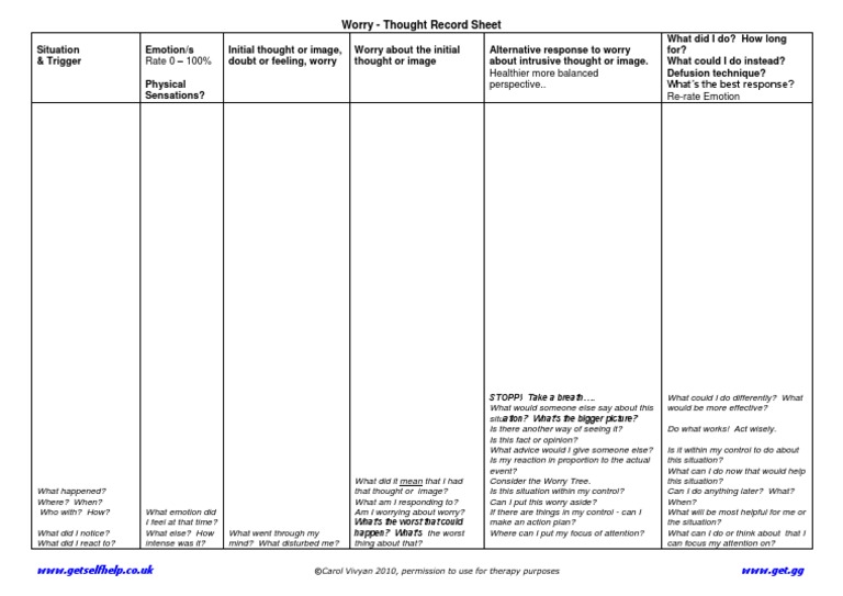 GAD Thought Record Sheet | PDF | Feeling | Emotions