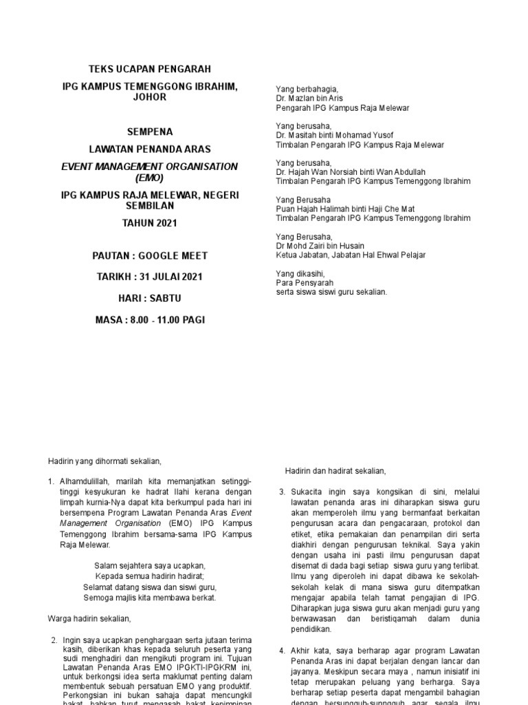 TEKS UCAPAN PENGARAH PERASMIAN LAWATAN PENANDA ARAS - Edited | PDF