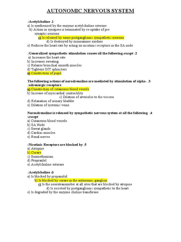 AUTONOMIC NERVOUS SYSTEM Test | PDF | Acetylcholine | Autonomic Nervous ...