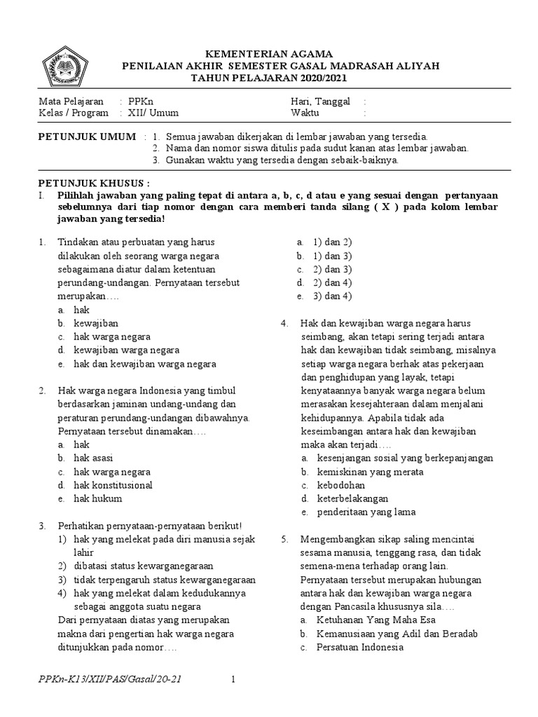 Soal Pas PPKN Kelas Xii 2020-2021 | PDF | Hukum