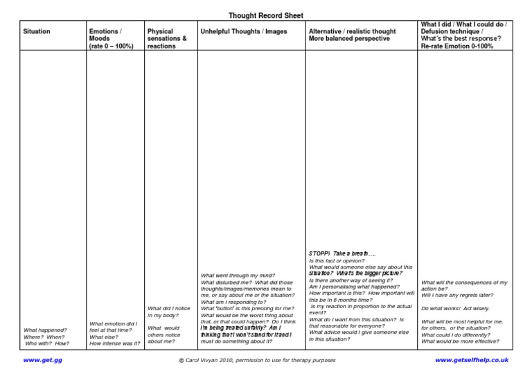 Thought Record Sheet Anger | PDF | Thought | Emotions