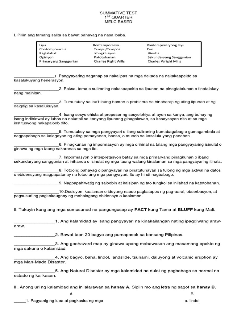 1ST Quarter-Summative Test Melc Based | PDF