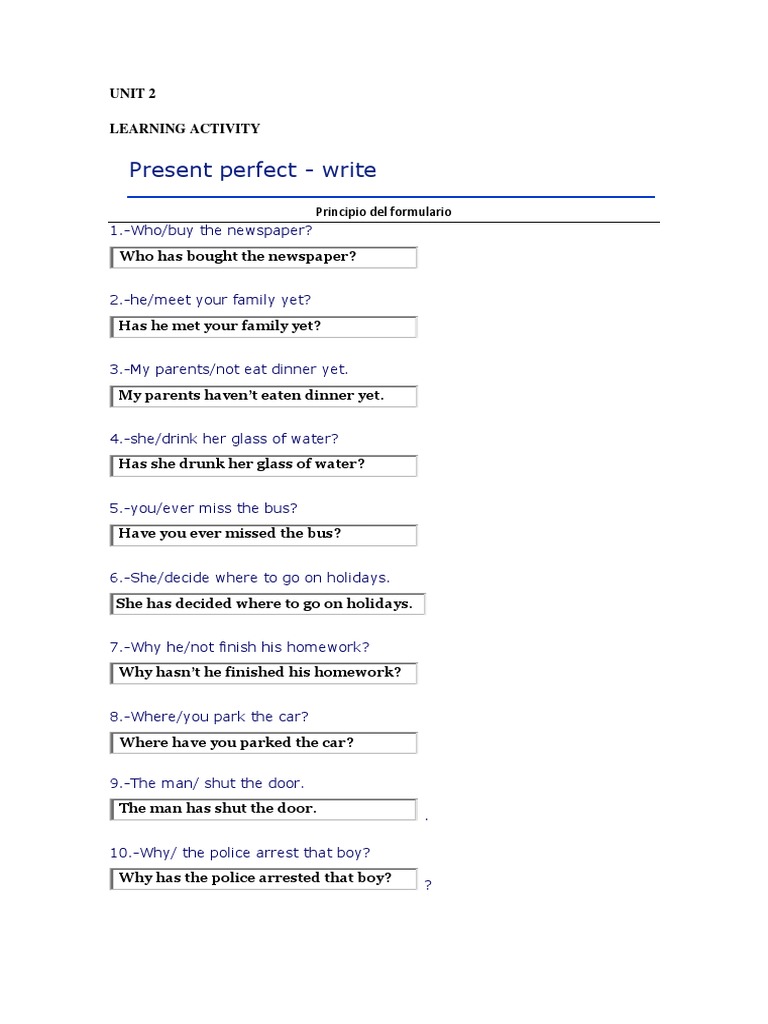 Present Perfect - Write | PDF