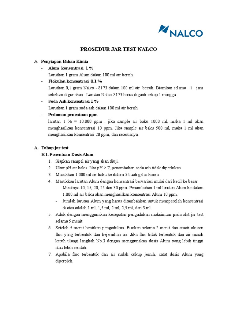 Prosedur Jar Test dengan Nalco 8173 | PDF