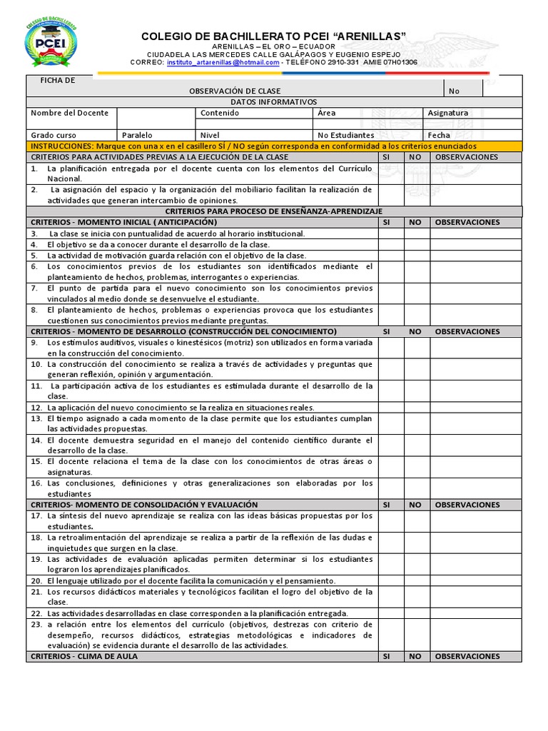 Ficha de Observación de Clase | PDF | Evaluación | Maestros