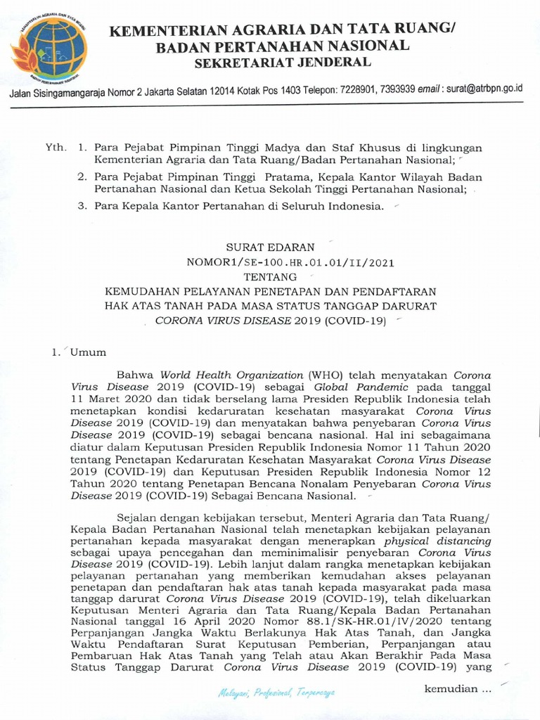 Surat Edaran Menteri Agraria Dan Tata Ruang Badan Pertanahan Nasional Nomor 1 Se 100 HR 01 01 II ...