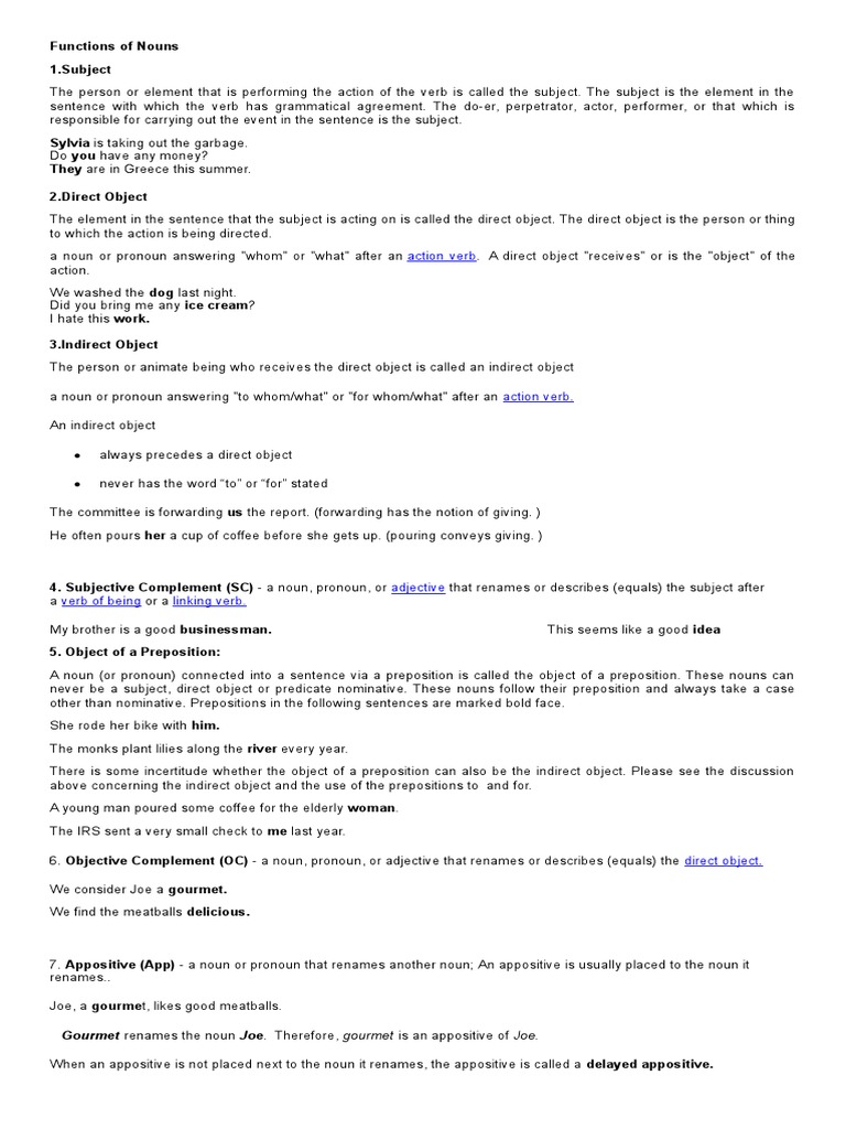 Action Verb: Functions of Nouns 1.subject | PDF | Object (Grammar) | Verb