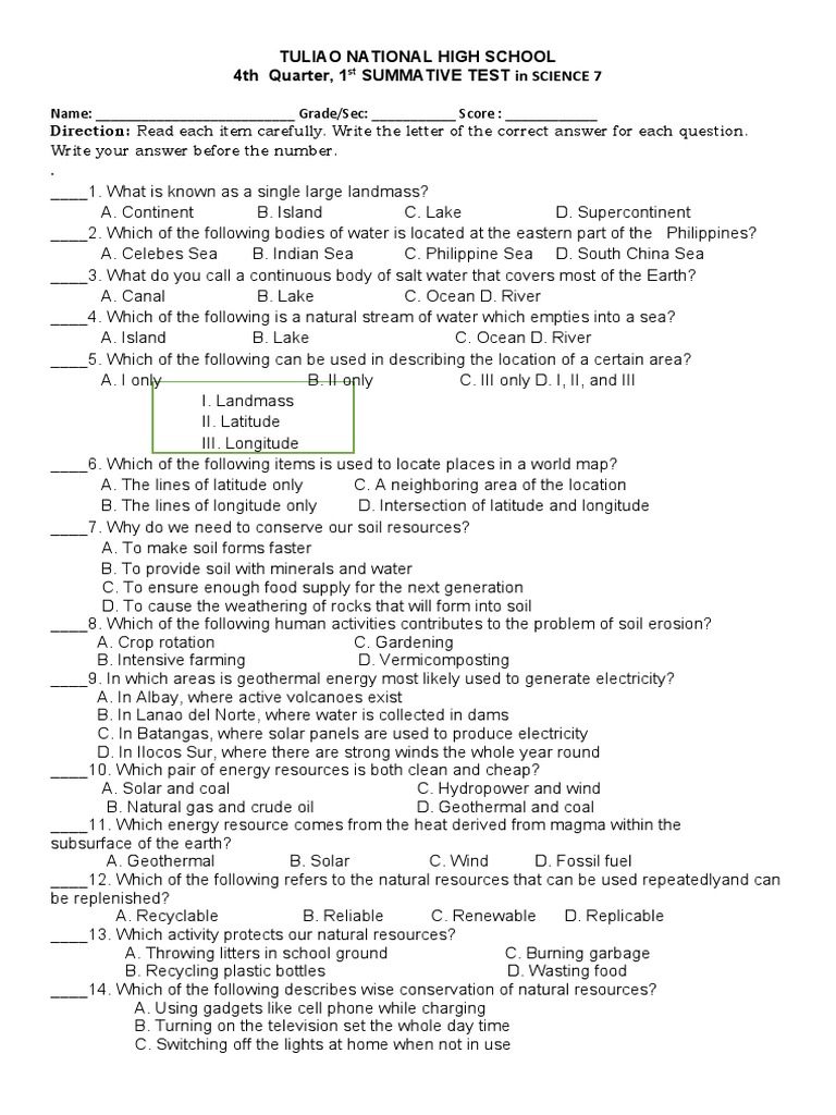 Science 7 1st Summativem1-M2 | PDF | Stream | World Energy Resources