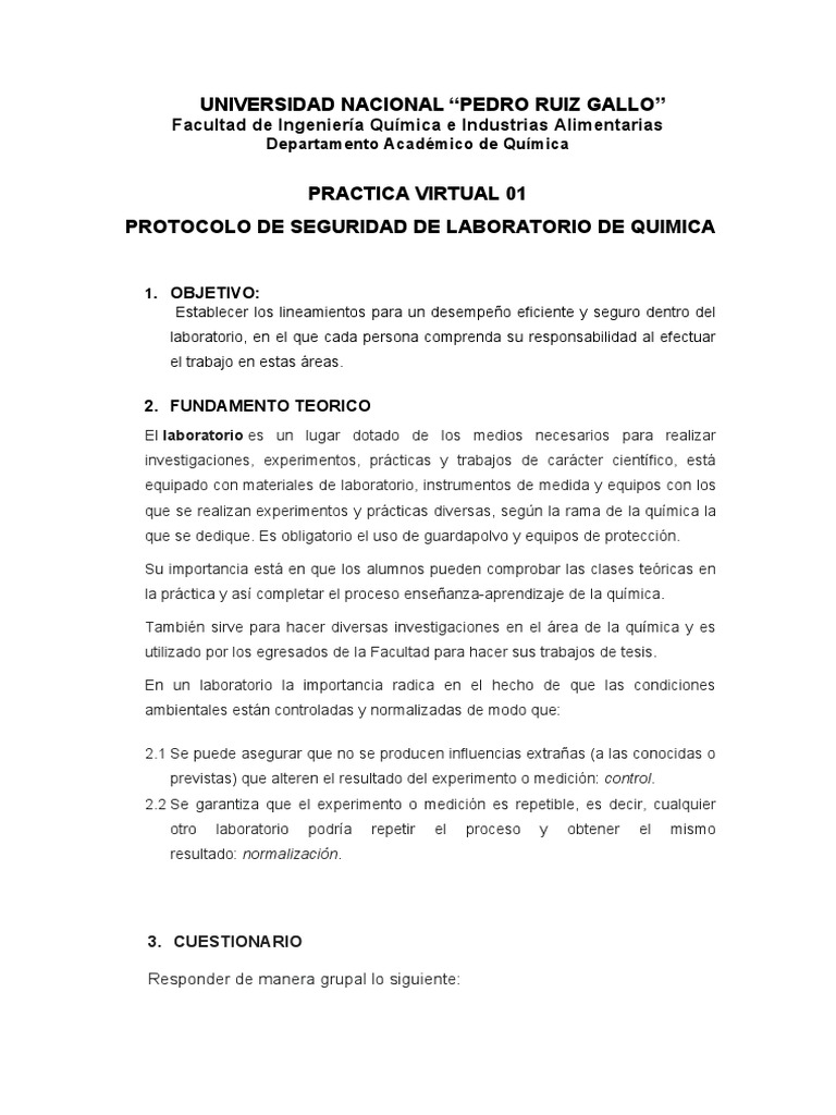 Practica Virtual 01 Protocolo de Seguridad en Laboratorio de Química | PDF | Laboratorios | Science