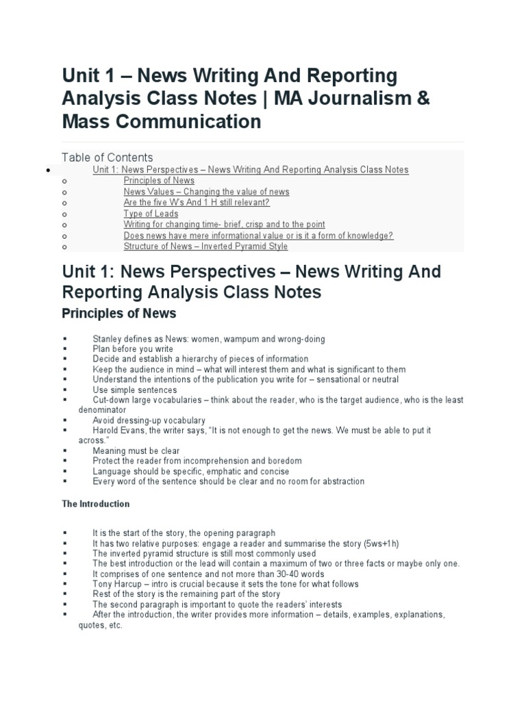 Unit 1 - News Writing and Reporting Analysis Class Notes - MA ...
