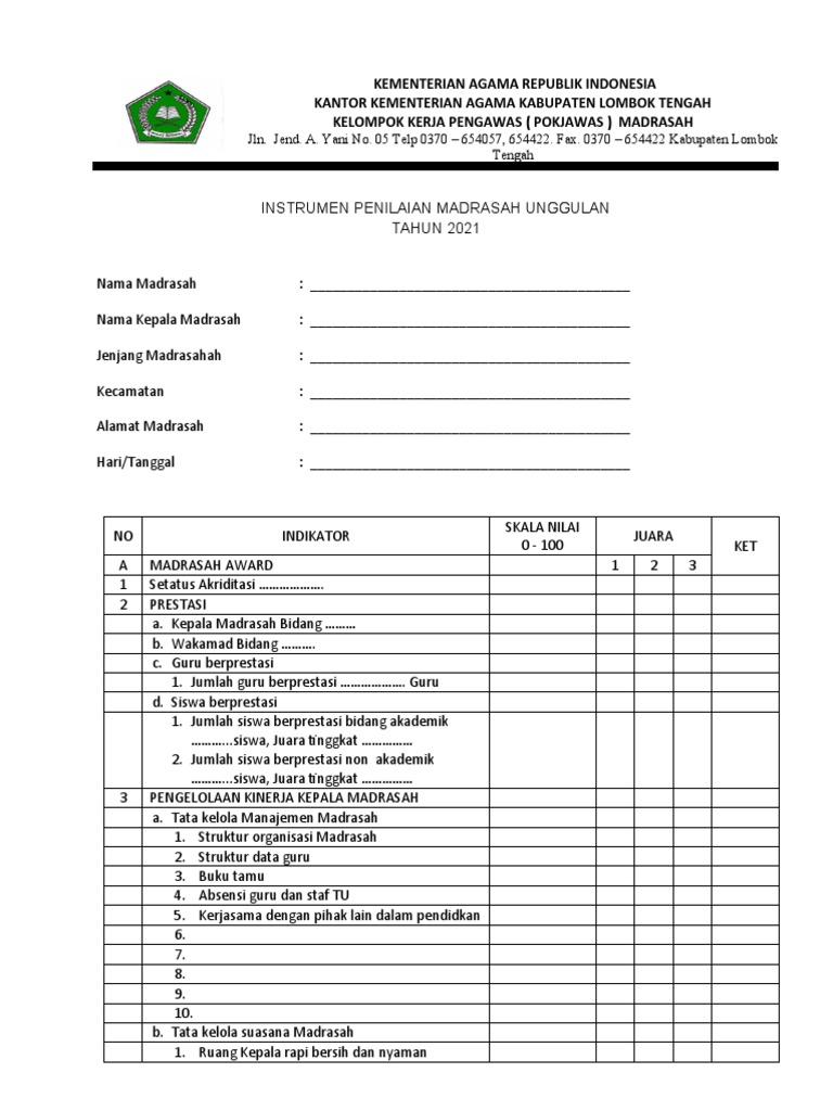 Instrumen Madrasah Unggulan | PDF