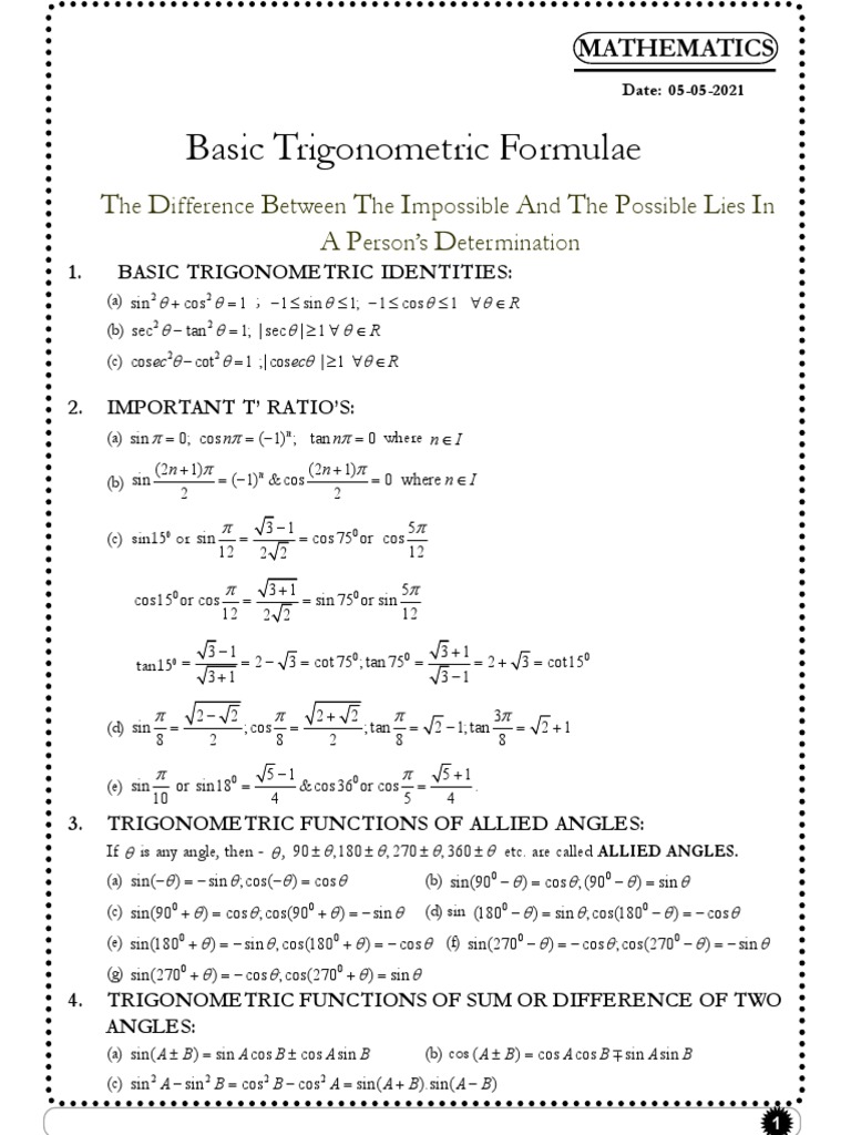 JEE Class 11 Trigonometry Formulas | PDF | Trigonometric Functions | Sine