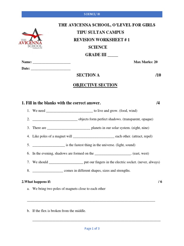 Science Revision Worksheet 1 | PDF | Shadow | Magnet