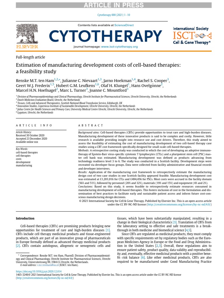 Cytotherapy: Estimation of Manufacturing Development Costs of Cell ...