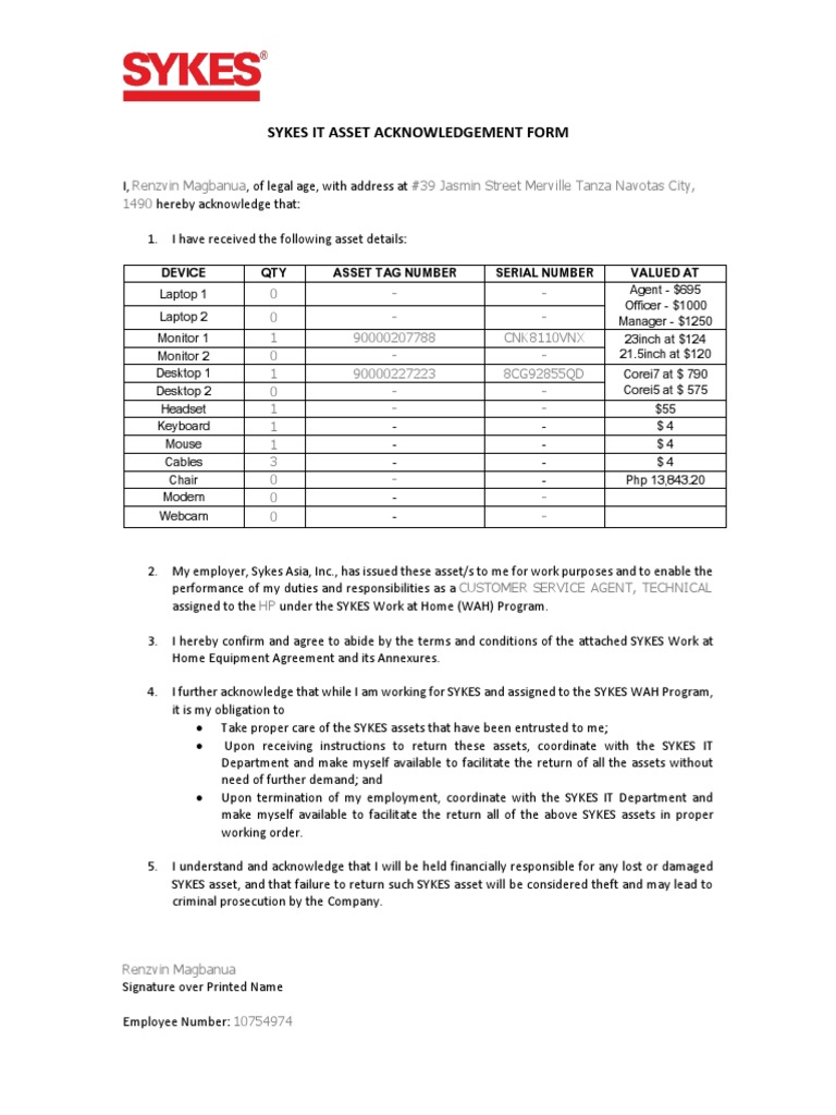 Sykes It Asset Acknowledgement Form: Renzvin Magbanua #39 Jasmin Street ...