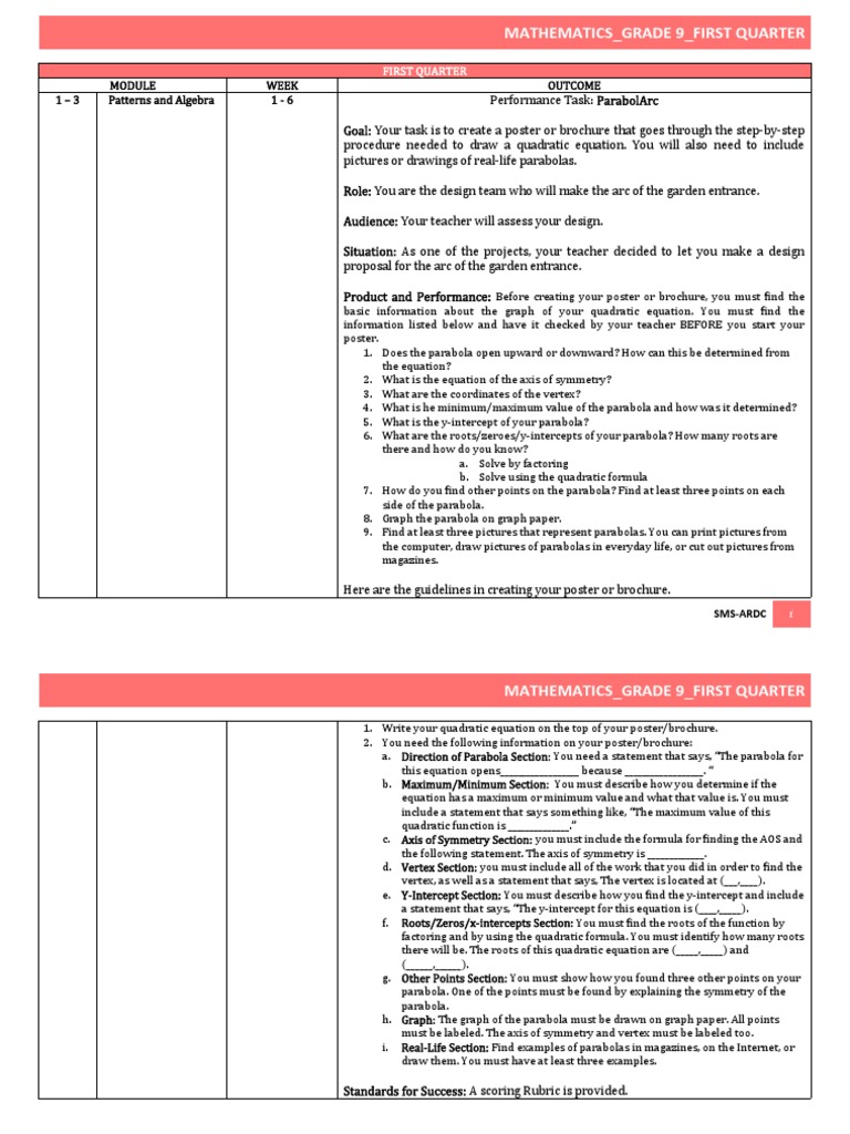 Mathematics - Grade 9 - First Quarter | PDF | Quadratic Equation ...