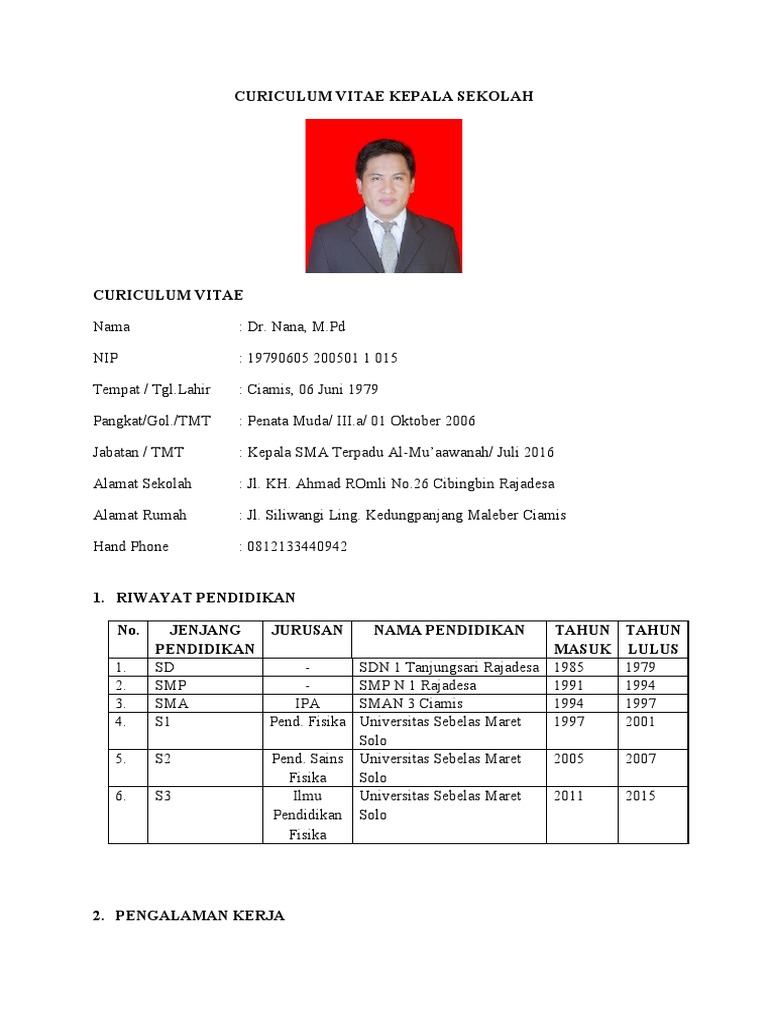 Curiculum Vitae Kepala Sekolah | PDF