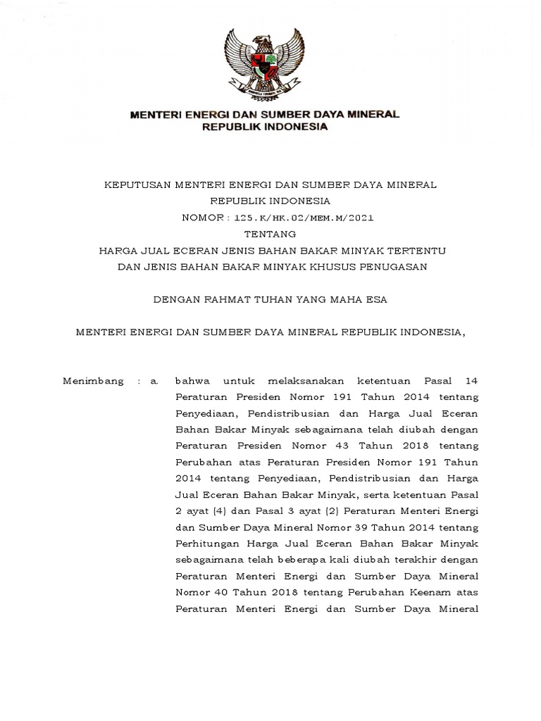 Kepmen Esdm No. 125.K - Hk.02-Mem.m-2021 | PDF