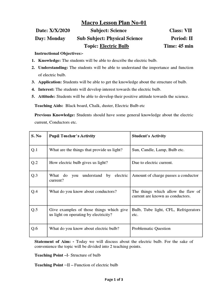 Macro Lesson Plan: Electric Bulb Science | PDF | Incandescent Light ...