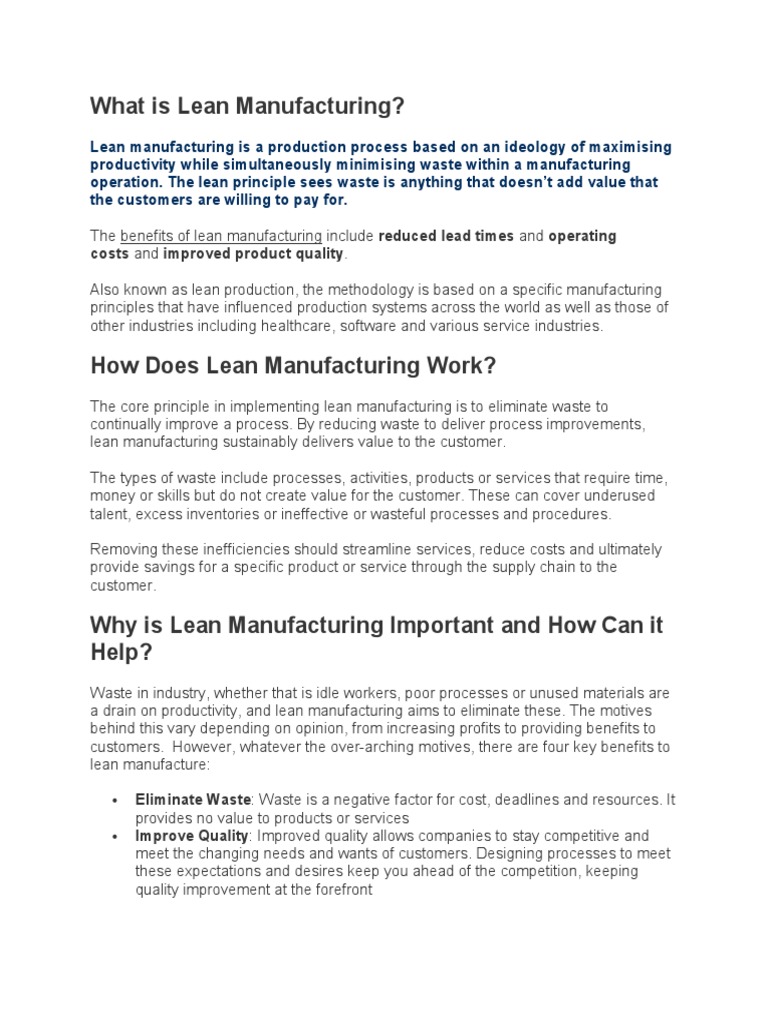 What Is Lean Manufacturing?: Costs and Improved Product Quality ...