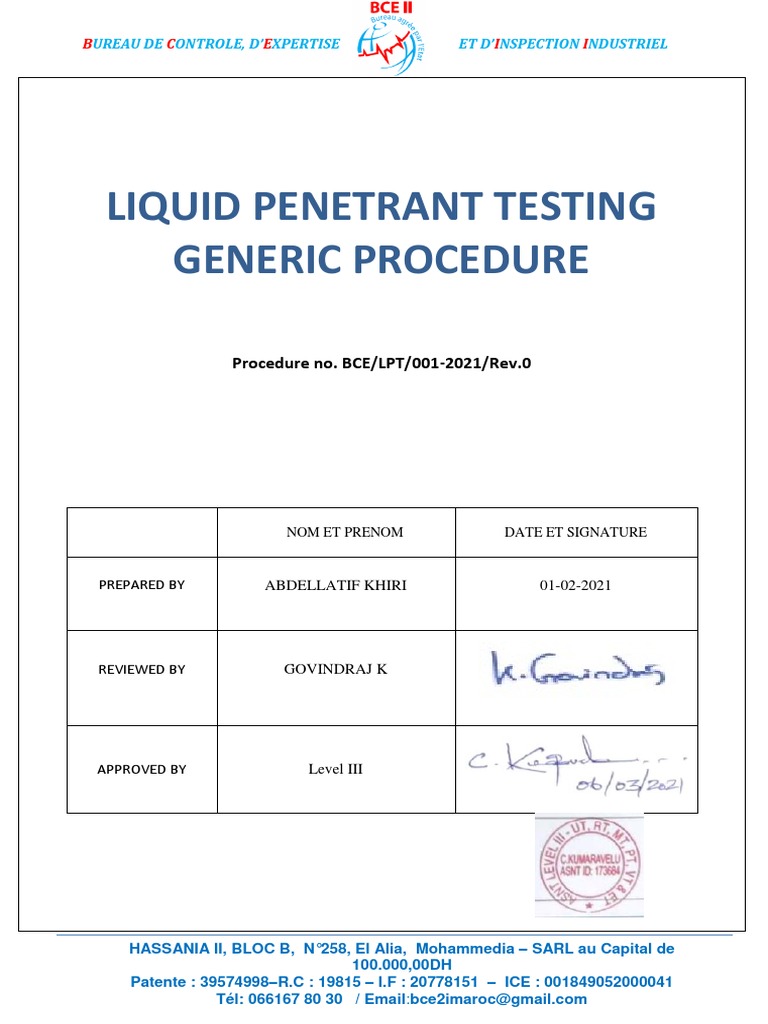 Liquid Penetrant Testing Generic Procedure: Procedure No. BCE/LPT/001 ...