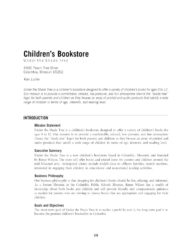 Business Plan (Sample) - Children Bookstore | PDF