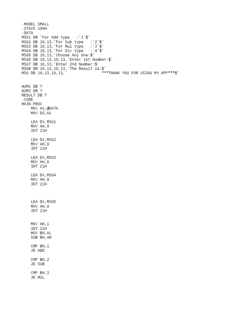 Calculator (Assembly Language) | PDF