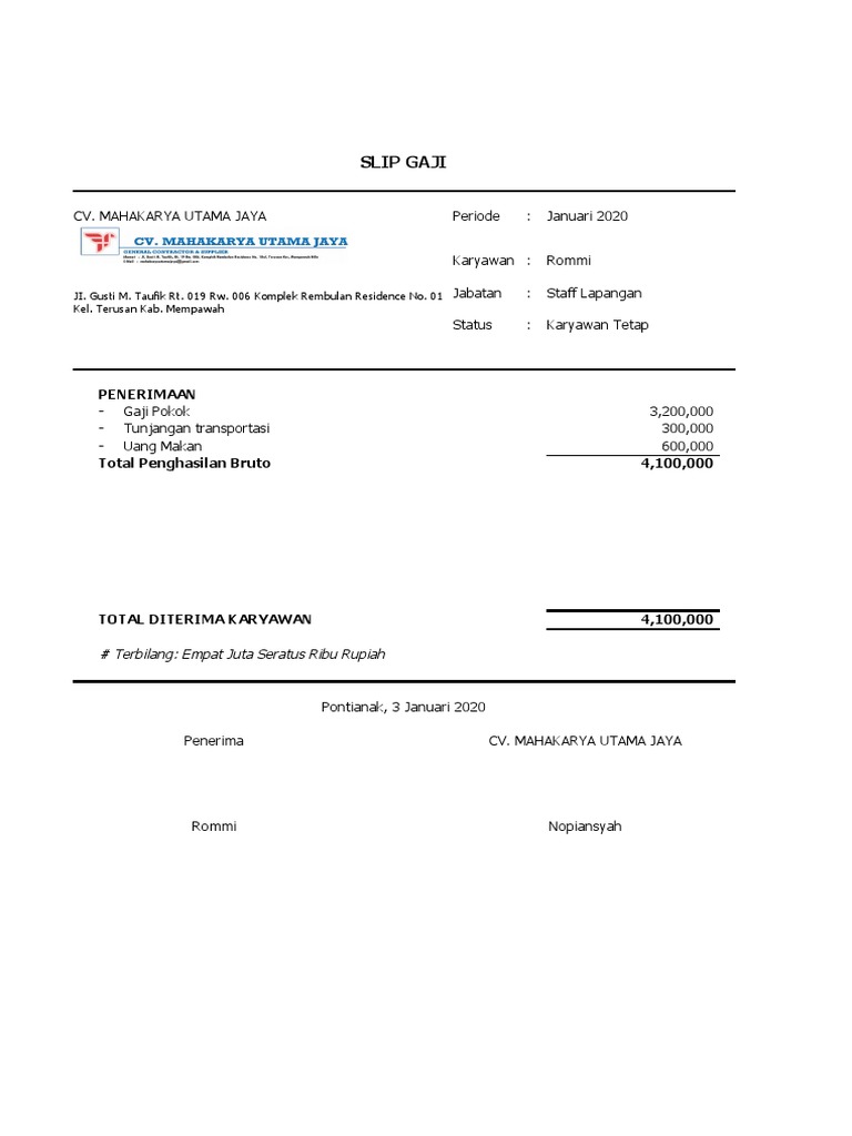 Slip Gaji Karyawan CV. Mahakarya Utama | PDF