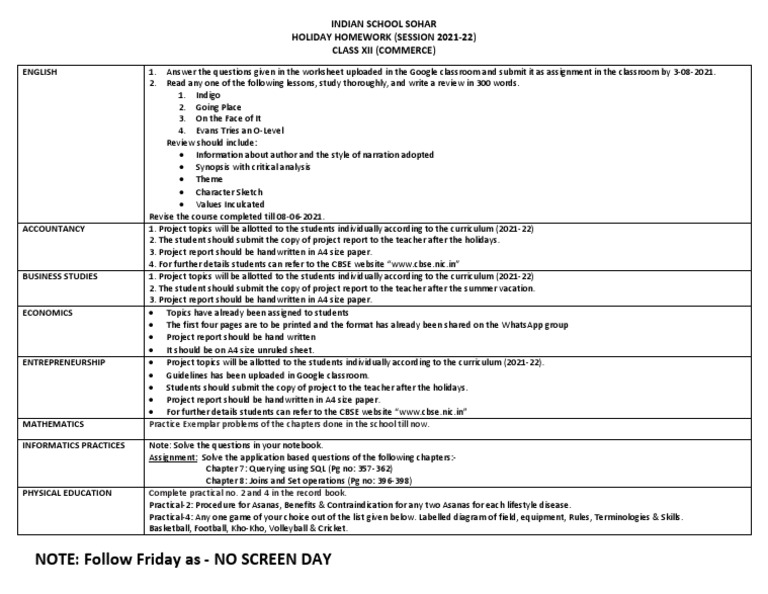 Class 12 Holiday Homework 2021-22 | PDF | Curriculum | Behavior Modification