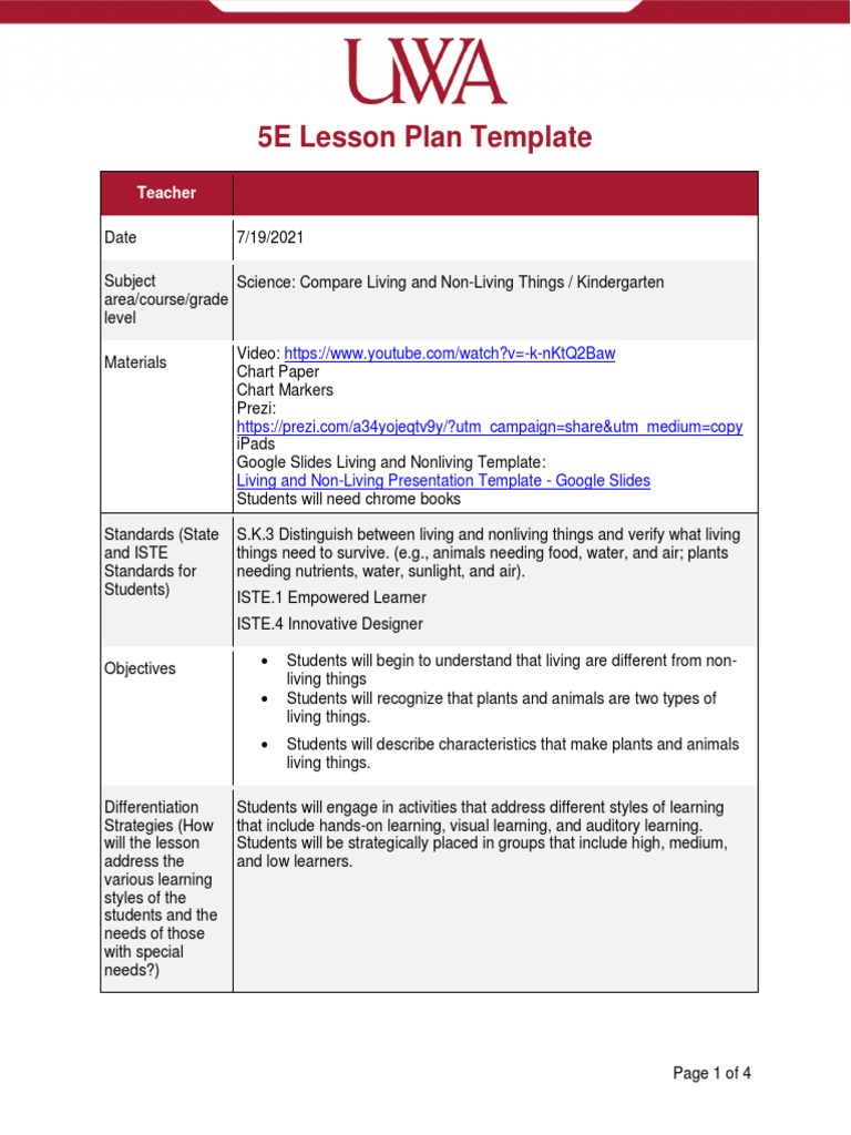 5E Lesson Plan: Living vs Non-Living | PDF | Project Based Learning ...