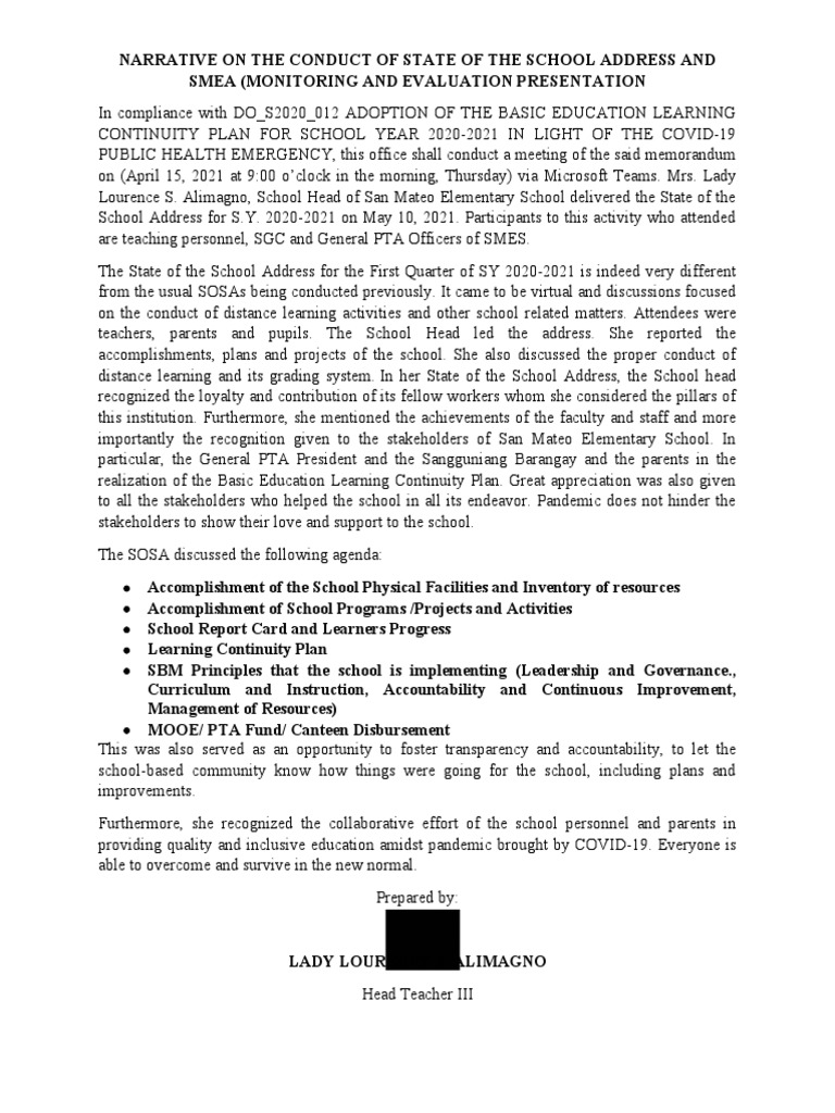 2021 State of The School Address Narrative | PDF | Education Theory ...