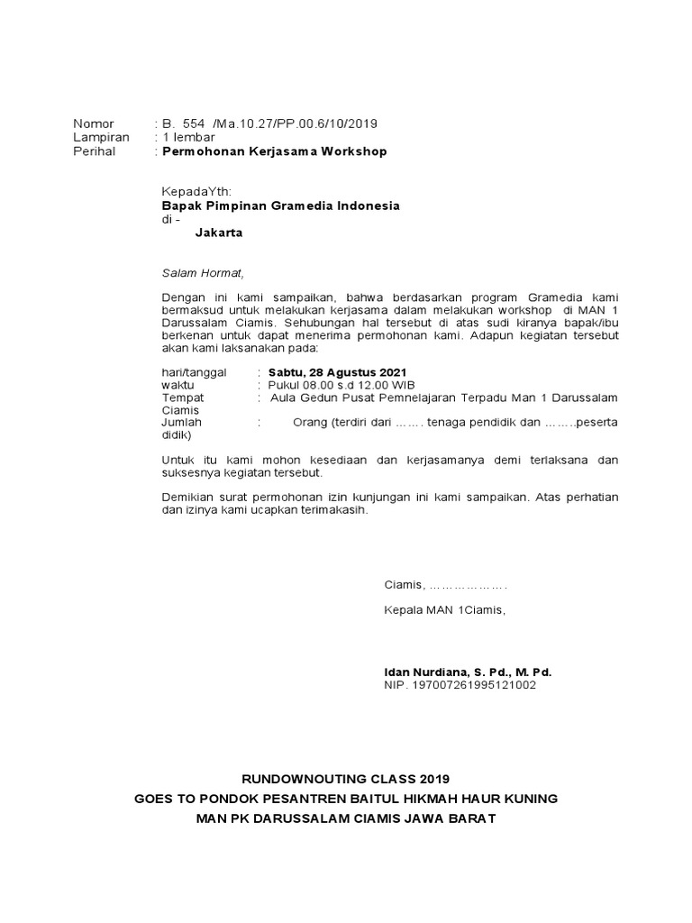 Surat Permohonan Izin Outing Class | PDF