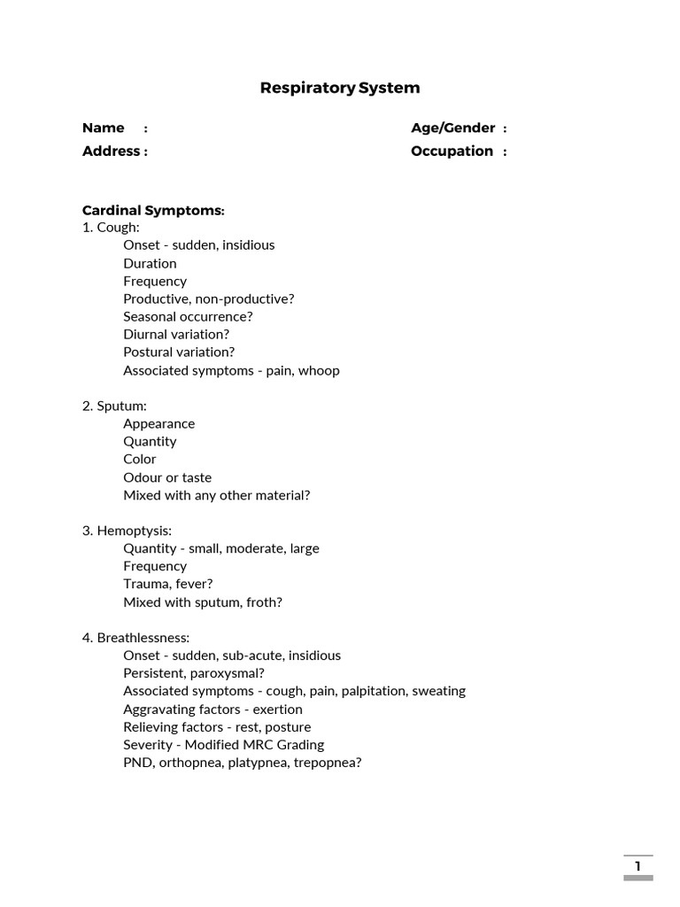 Respiratory System Proforma | PDF | Cough | Physiology