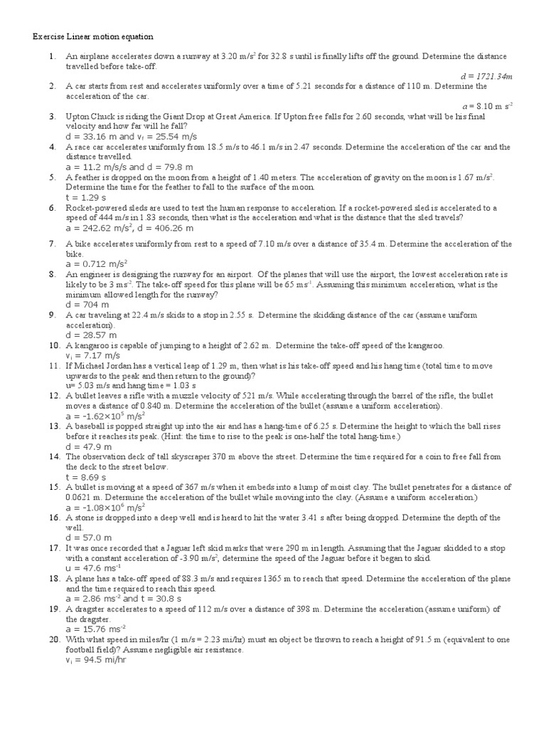 Exercise Linear Motion Equation | PDF | Bullet | Acceleration