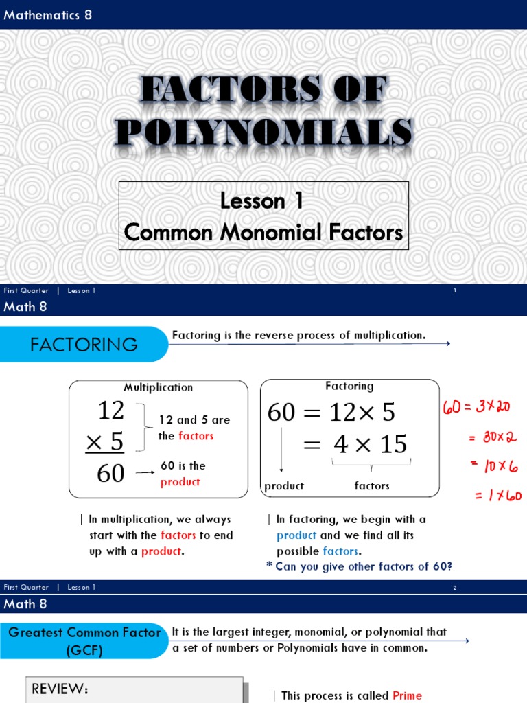 Math 8 Lesson 1 Common Monomial Factors | PDF | Factorization ...