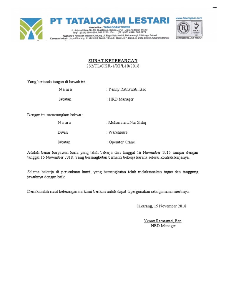Surat Keterangan Kerja Karyawan | PDF