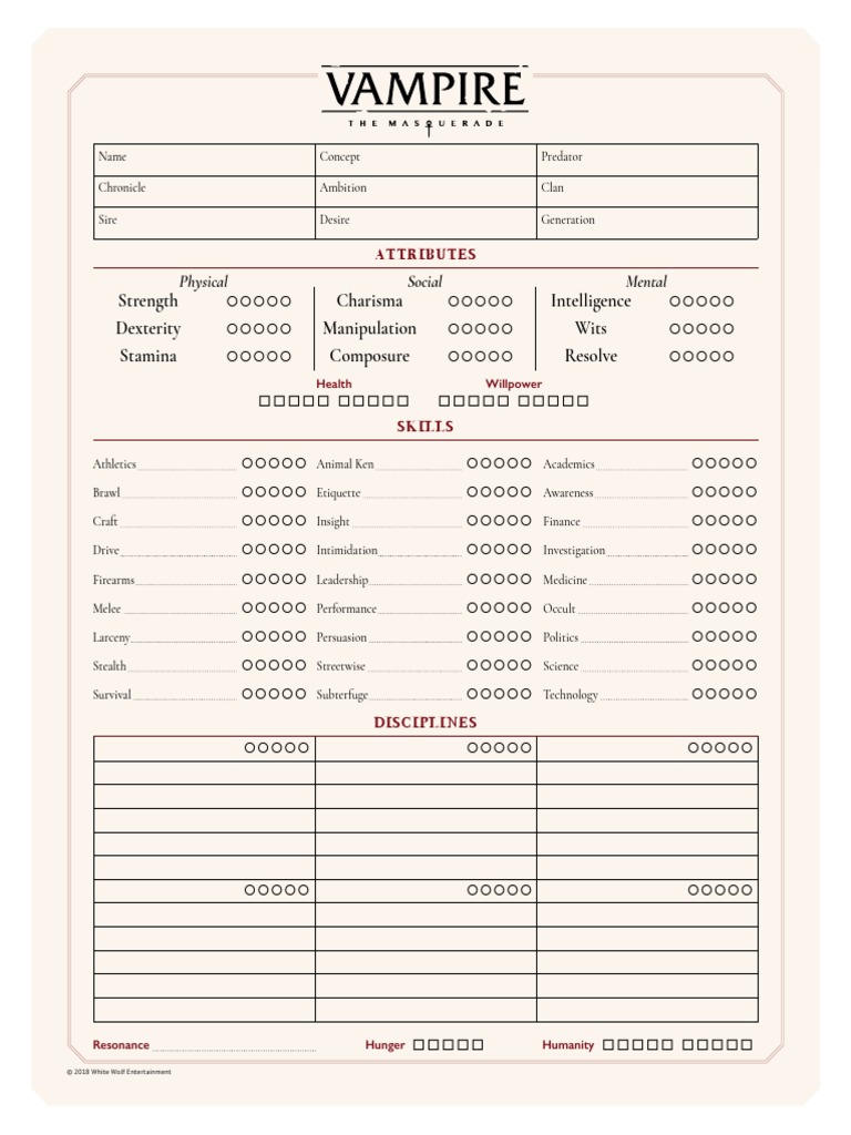 VtM5 Character Sheet | PDF