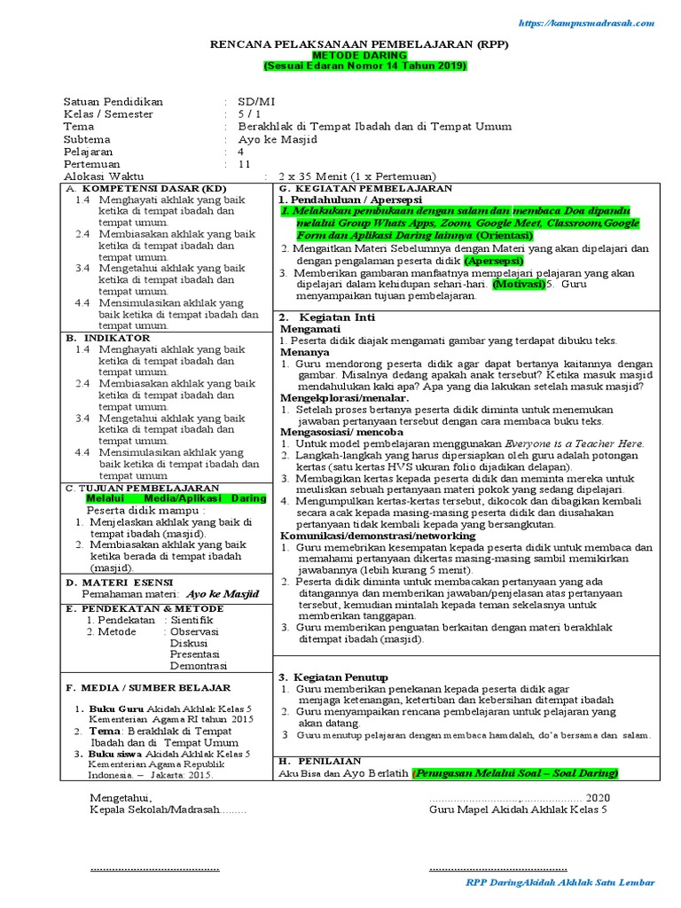 RPP Daring Akidah Akhlak Kelas 5 Semester 1 Pelajaran 4 | PDF | Pengembangan Diri | Kesehatan ...