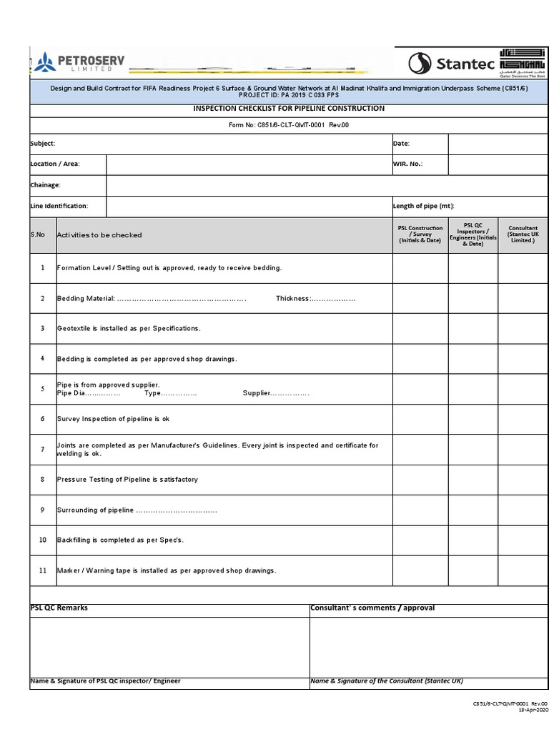C8516-CLT-QMT-0001-Inspection Checklist For Pipeline Construction | PDF ...